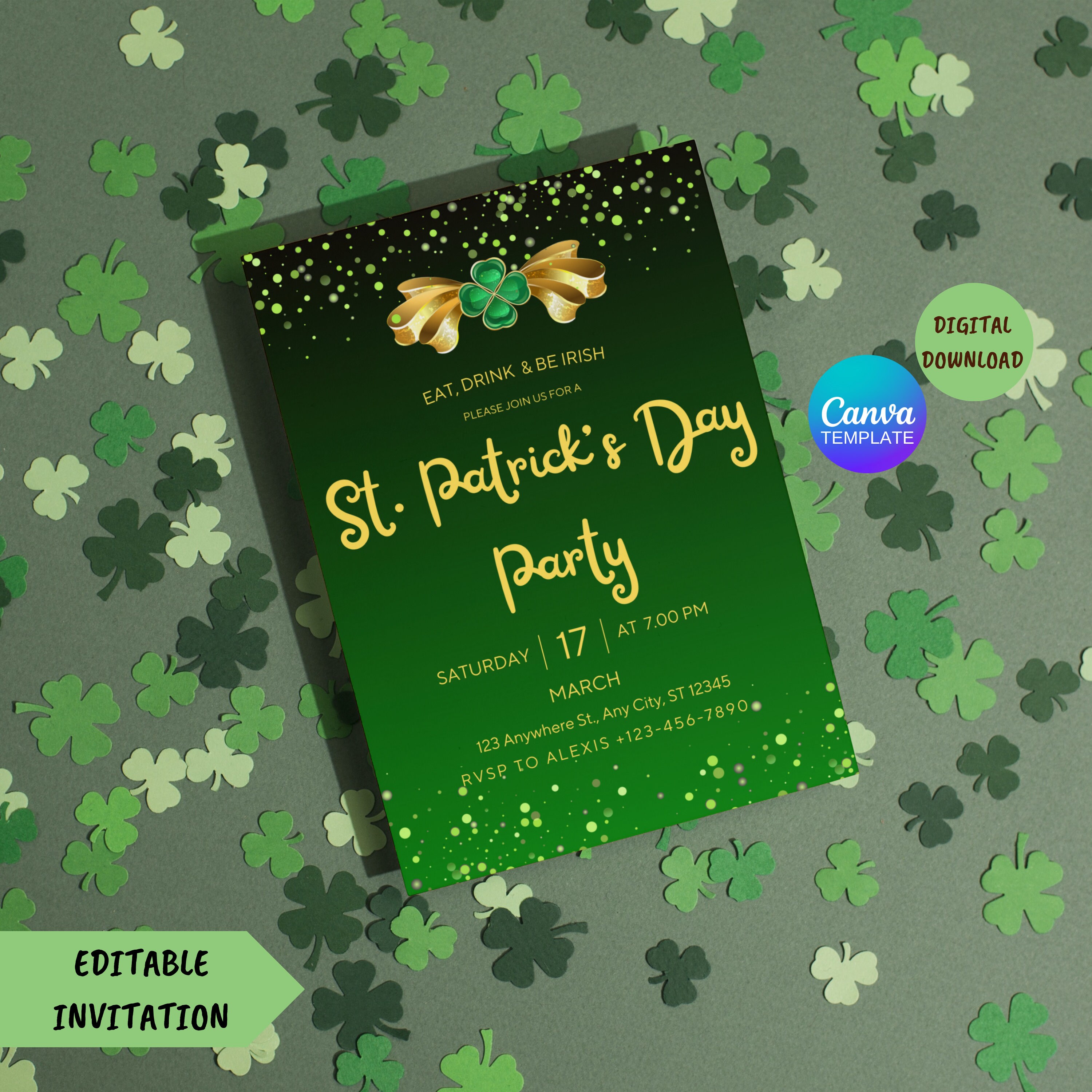 Editable Digital St Patrick's Day Party Invitation, Eat Drink & Be ...