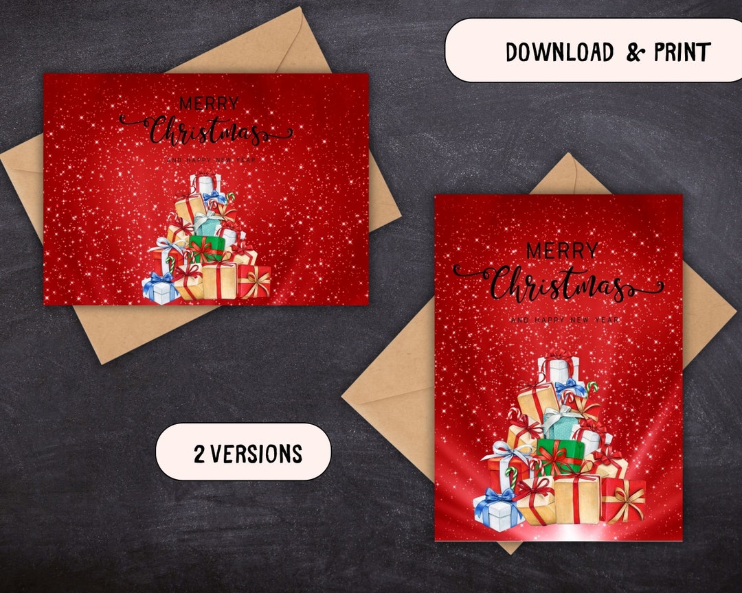 Joyful Red Printable Christmas Greeting Card With Festive Gift Wraps, A ...