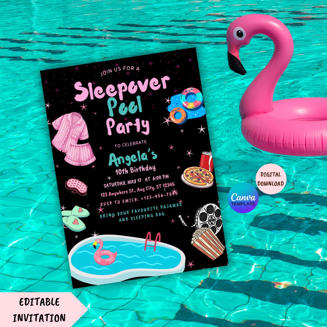 Sleepover Pool Party Birthday Invitation, EDITABLE Pool Party Template, Sleepover Swim Birthday ...