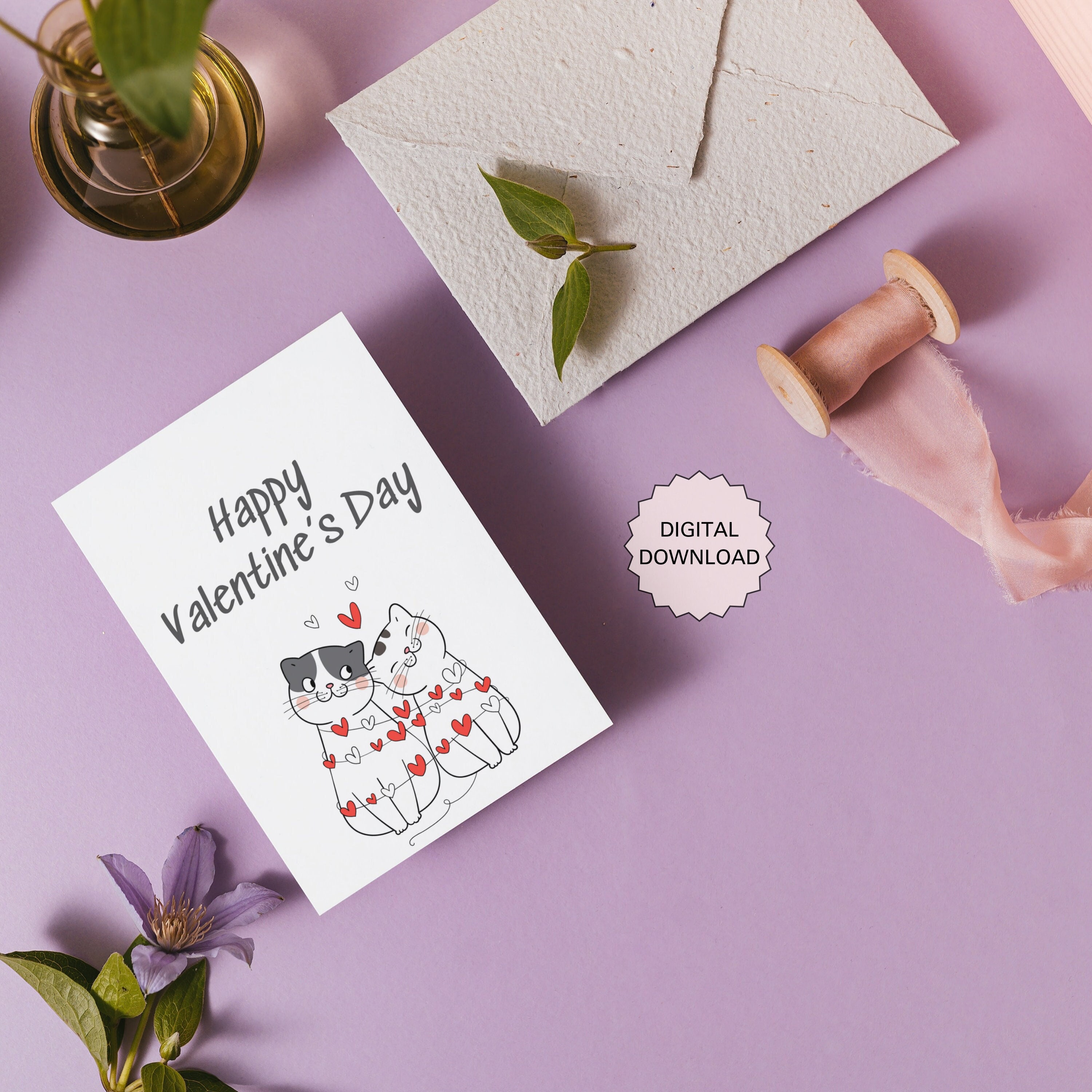 Cute Cats Valentines Day Card, Printable Valentines Day Card, Card for ...