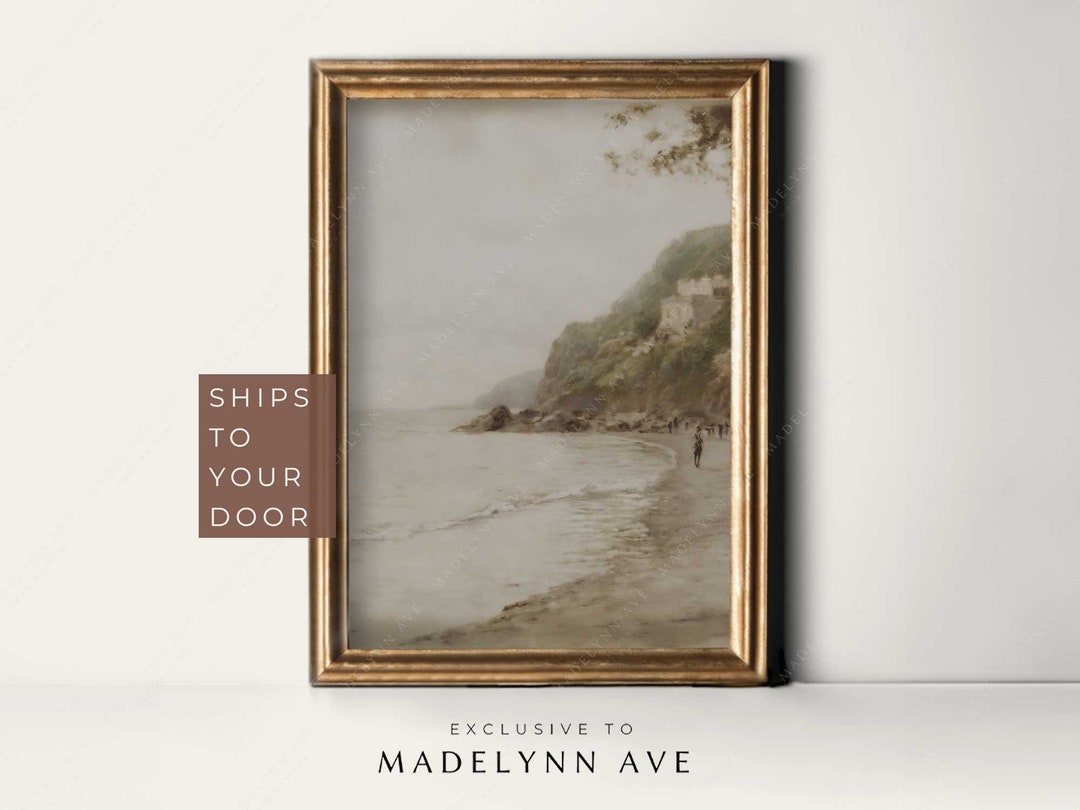 Muted Seashore Oil Painting, Vintage Seashore Oil Painting, Neutral ...