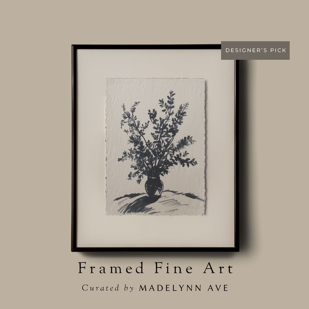 Framed Vase With Branches Sketch, Floral Ink Drawing for Kitchen ...