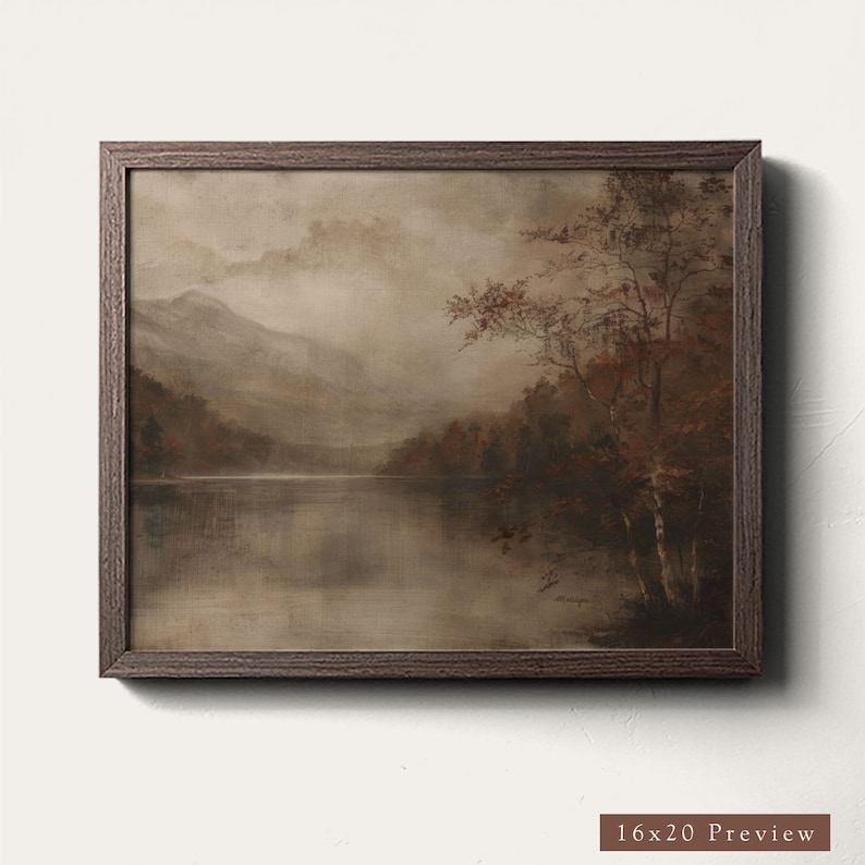 Framed Moody Fall Art Print Lake Landscape, Ready to Hang Vintage ...