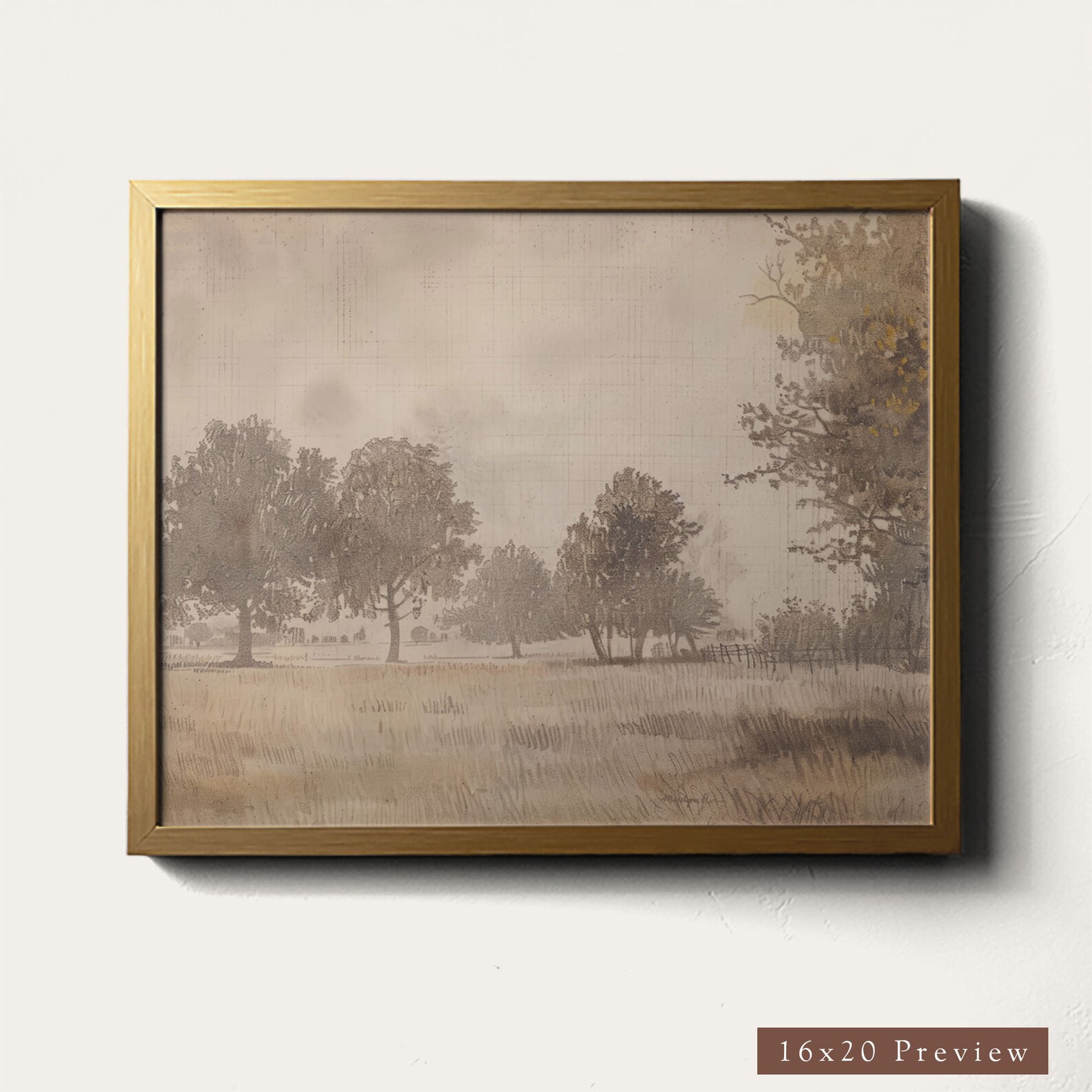 Framed Autumn Fields Landscape Drawing Art Print Vintage Style for Fall ...