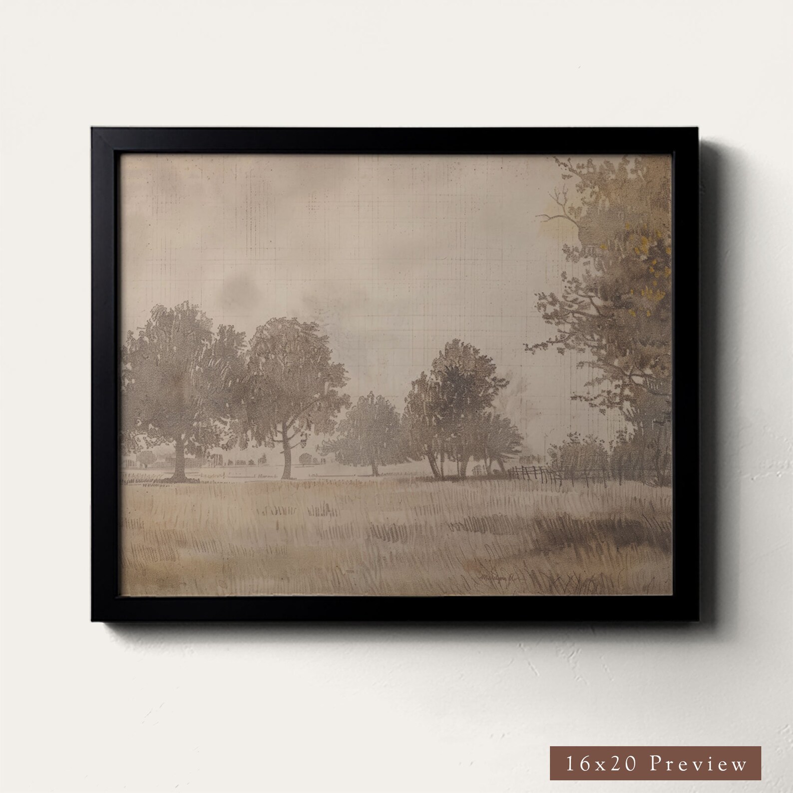 Framed Autumn Fields Landscape Drawing Art Print Vintage Style for Fall ...