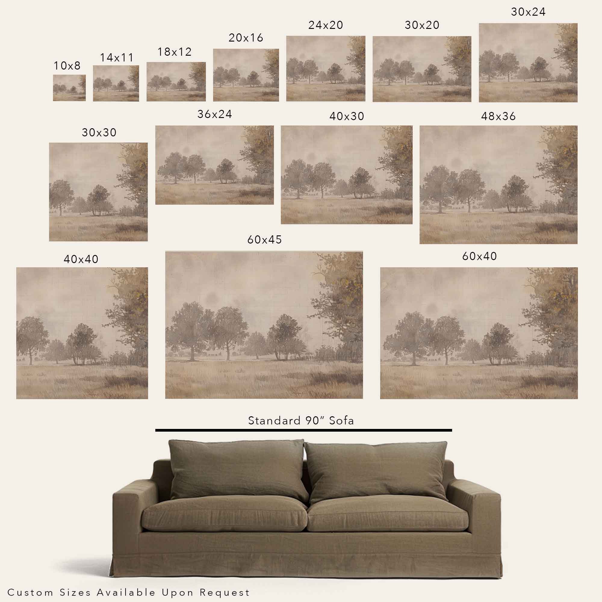 Framed Autumn Fields Landscape Drawing Art Print Vintage Style for Fall ...