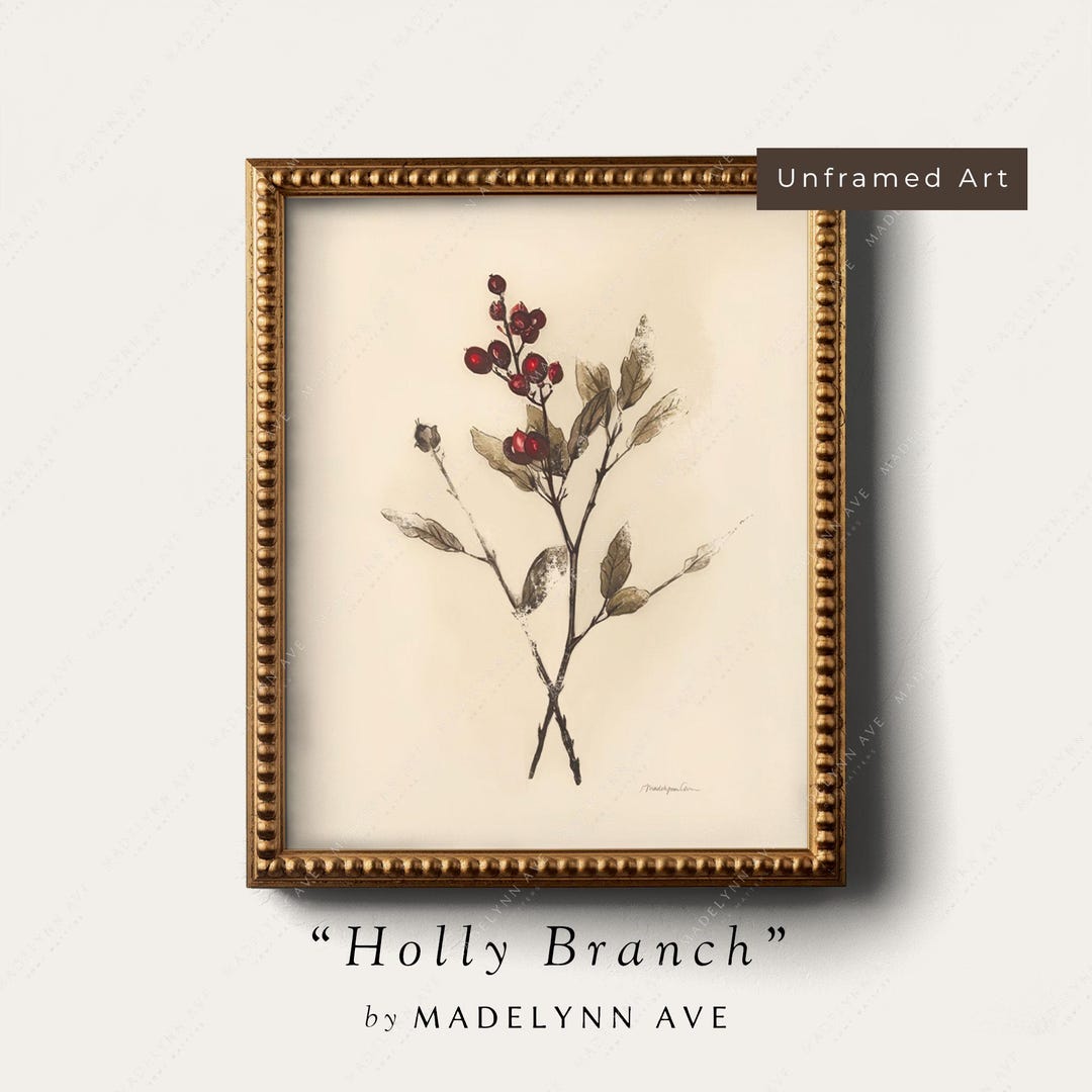 Holly Branch Art Print - Unframed Vertical Christmas Botanical Wall Art ...