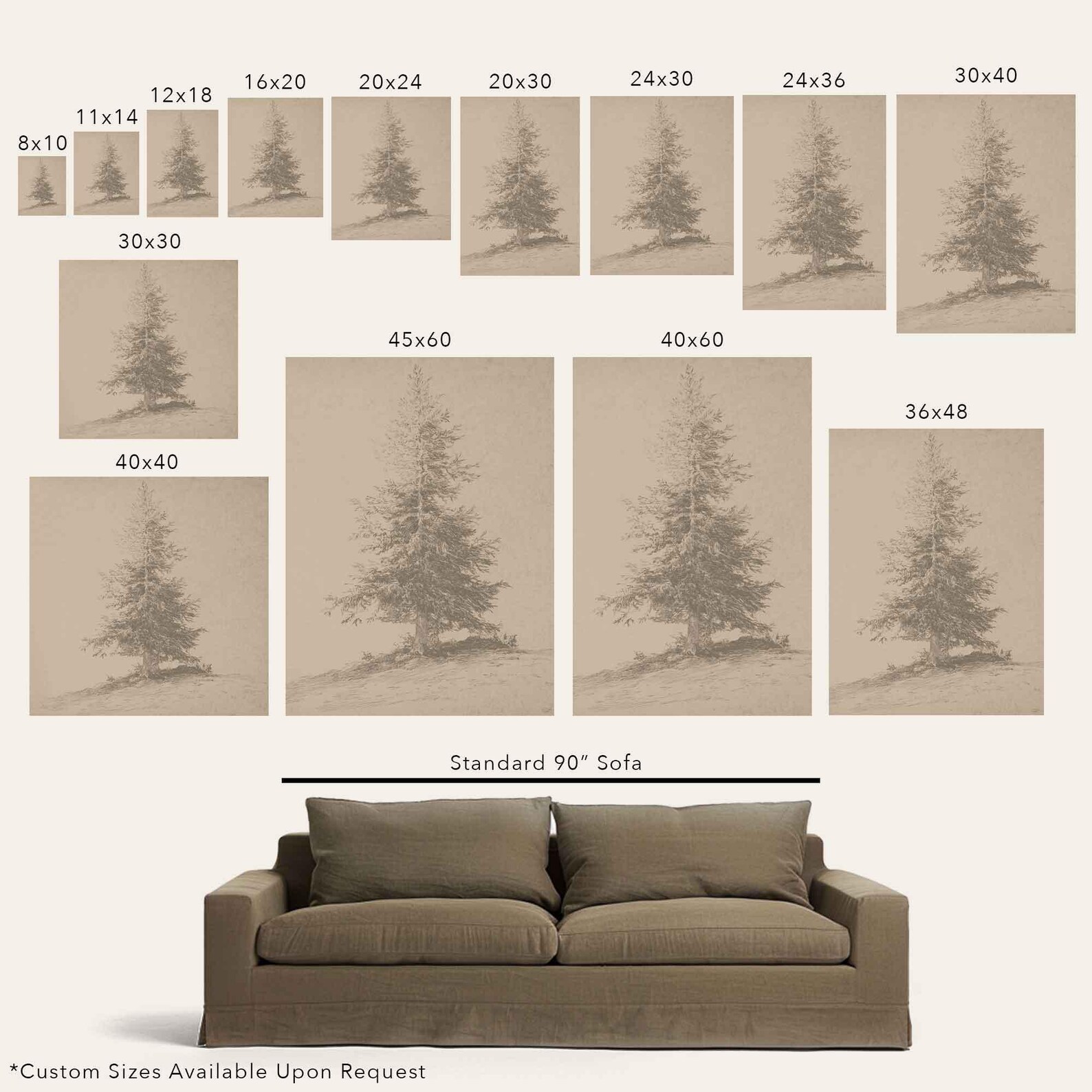Vintage Style Pine Tree Giclée Art Print - Unframed Vertical Neutral ...
