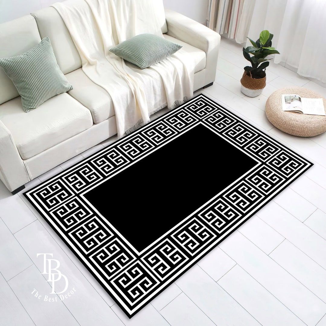 White Greek Border Rug, Black Luxury Living Room Rug, Marble Carpet ...