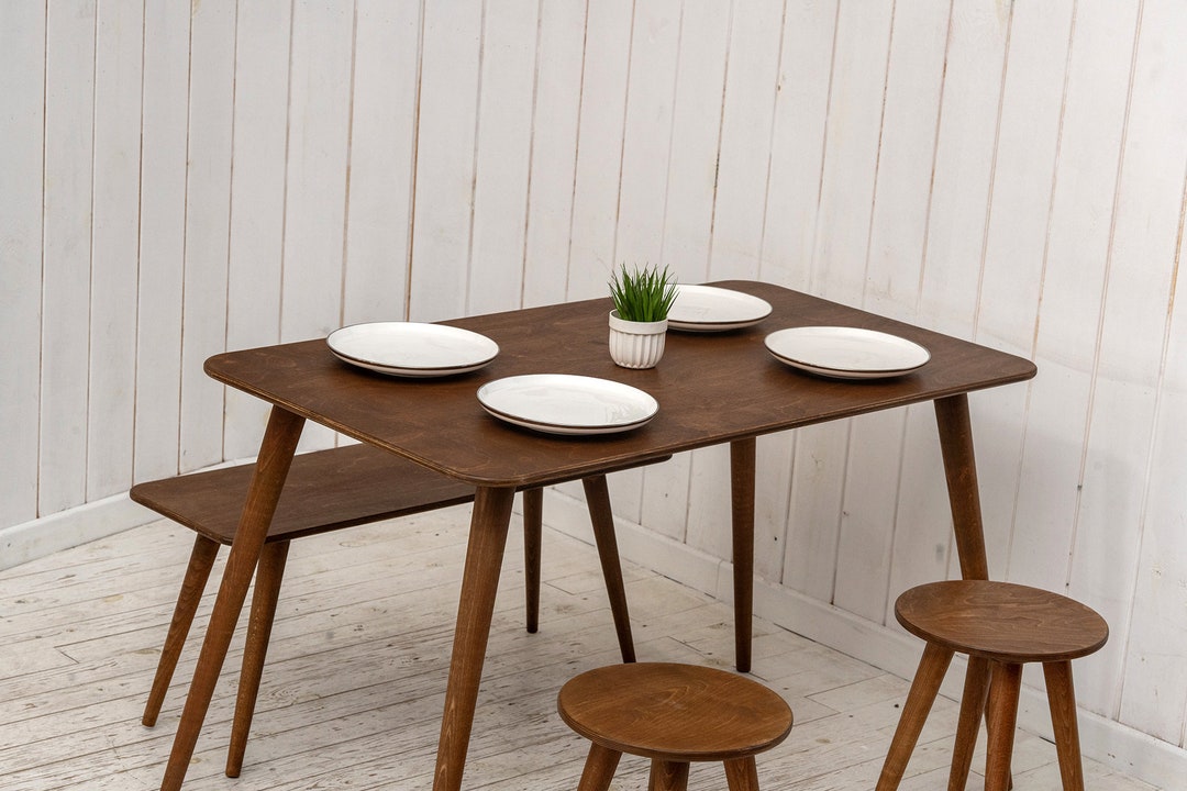 Dining Table for 4 Set Walnut Wood, Narrow Dining Table Bench and Stool ...