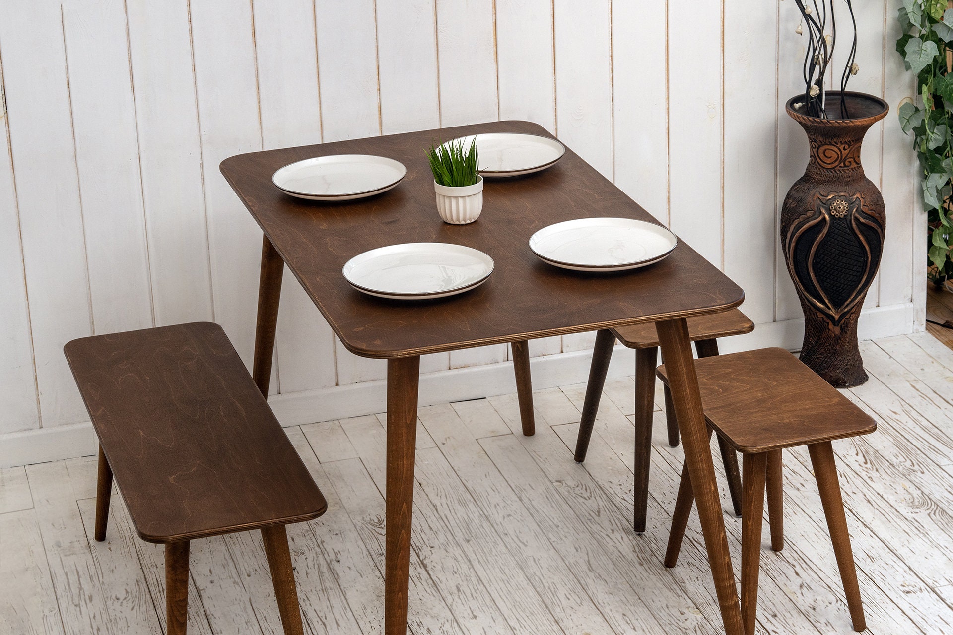 Space Saving Rectangle Narrow Small Dining Table Set Walnut Wooden Dine Table Bench and Stool Kitchen Set Rustic Breakfast Table Home Gift Etsy