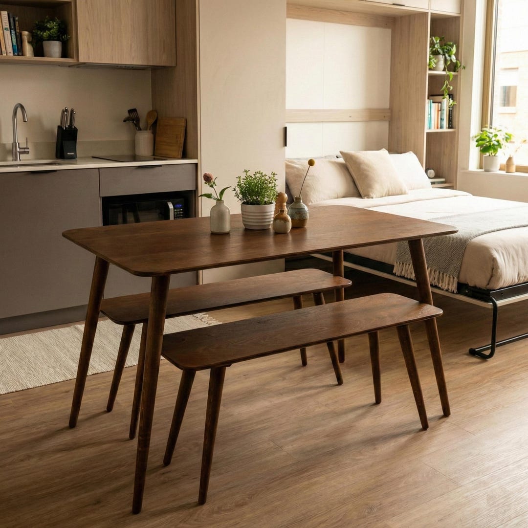 Wooden Dining Table Set, Narrow Kitchen Table and Benches, Small ...