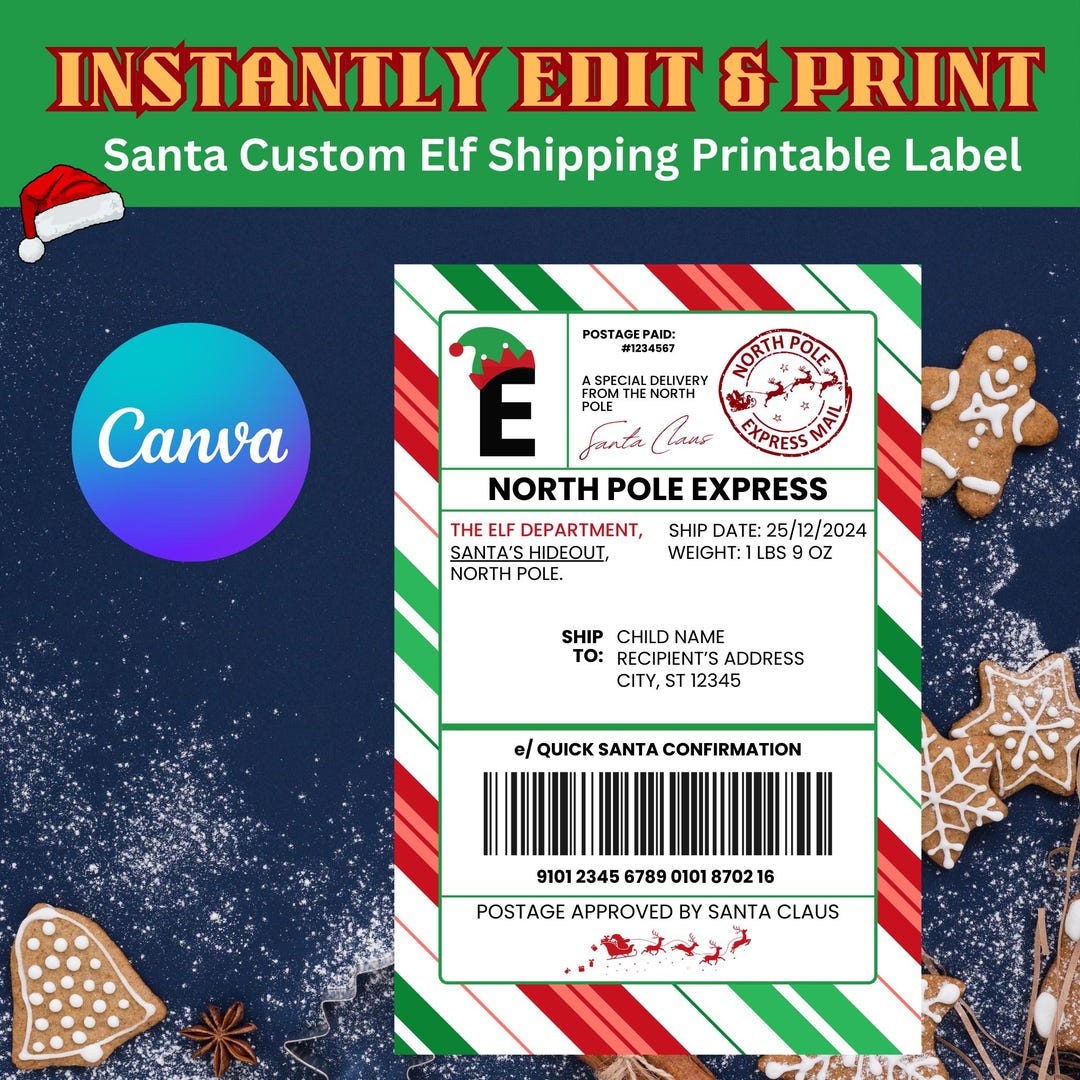 EDITABLE Custom Santa Claus Shipping Postage Label Template | Elf ...