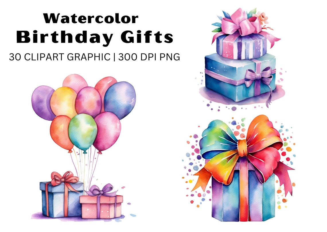 Watercolor Birthday Gifts Clipart Bundle 30 PNG Transparent Background ...