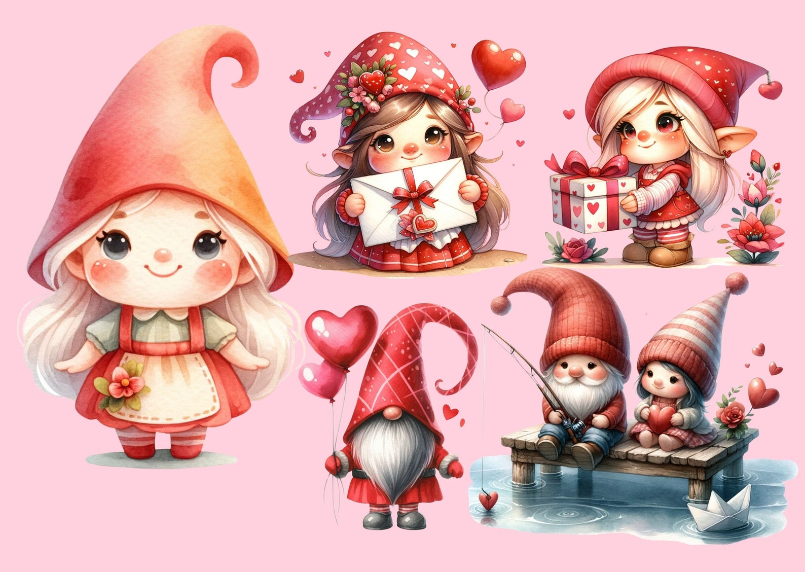 Watercolor Valentines Gnomes Clipart: 30 PNG Designs (digital Download ...