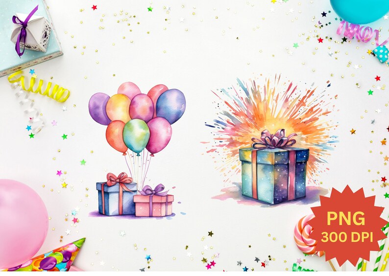 Watercolor Birthday Gifts Clipart Bundle 30 PNG Transparent Background ...