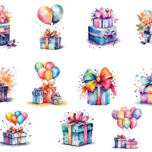 Watercolor Birthday Gifts Clipart Bundle 30 PNG Transparent Background ...