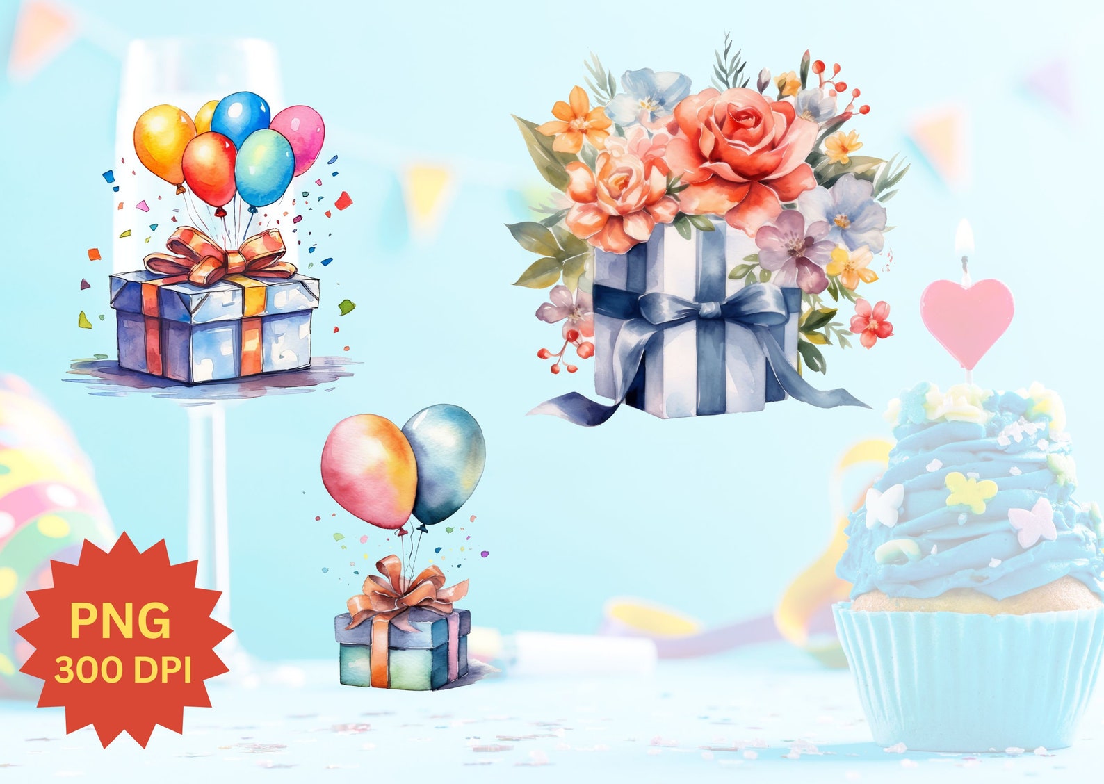 Watercolor Birthday Gifts Clipart Bundle 30 PNG Transparent Background ...