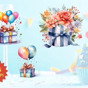 Watercolor Birthday Gifts Clipart Bundle 30 PNG Transparent Background ...