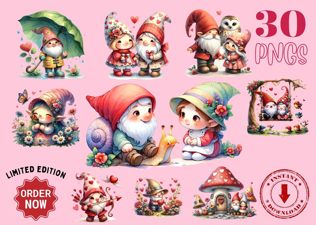 Watercolor Valentines Gnomes Clipart: 30 PNG Designs (digital Download ...