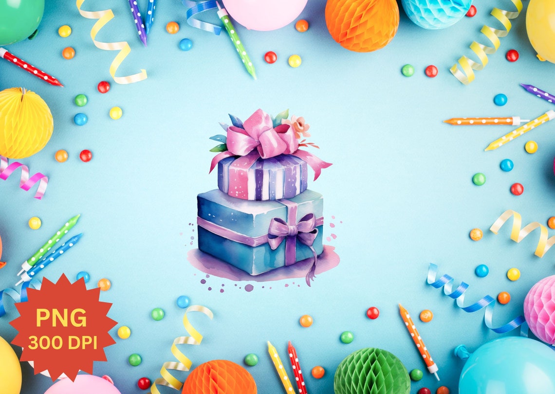 Watercolor Birthday Gifts Clipart Bundle 30 PNG Transparent Background ...