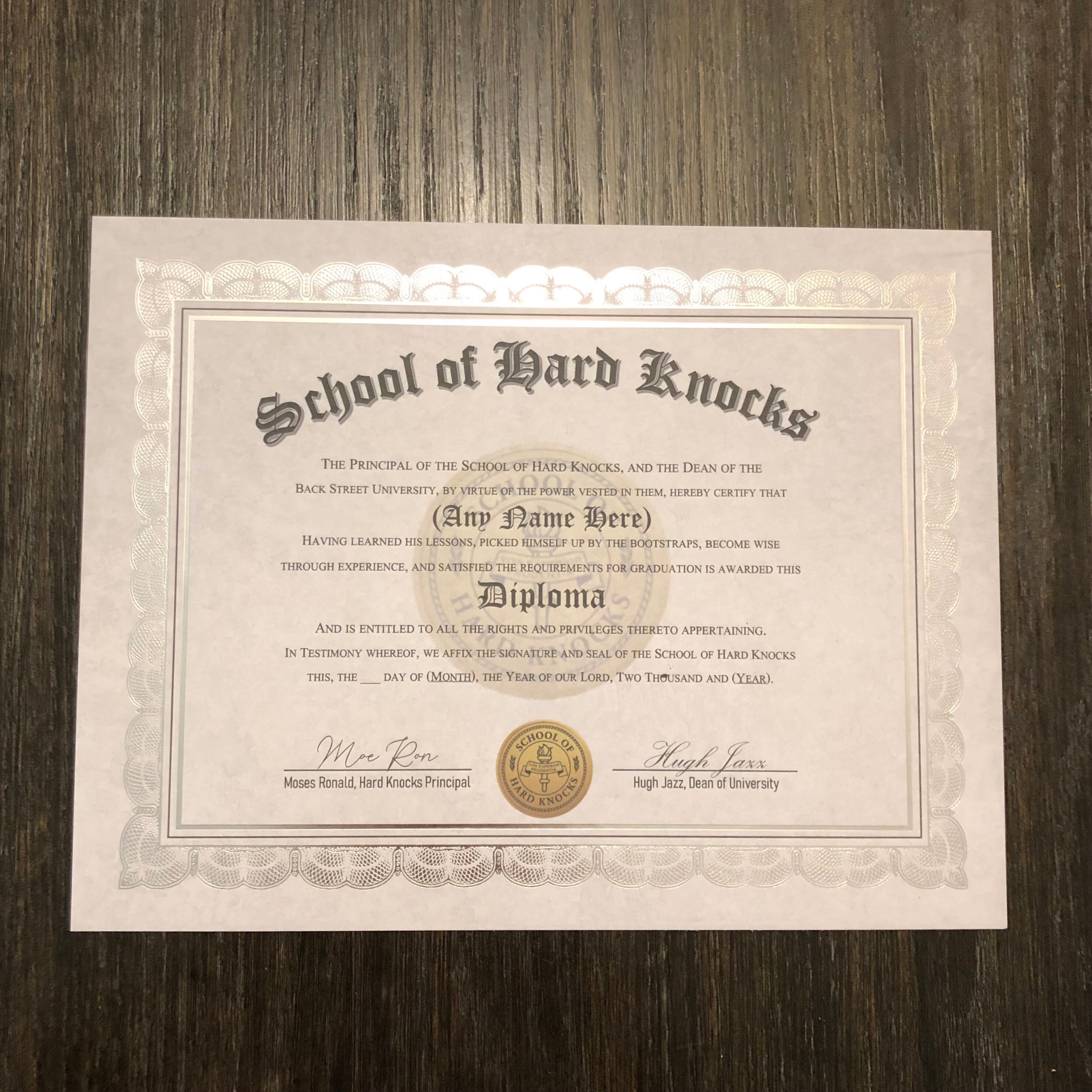 School of Hard Knocks Diploma Nifty Gifty Unique Humorous Gold Silver ...