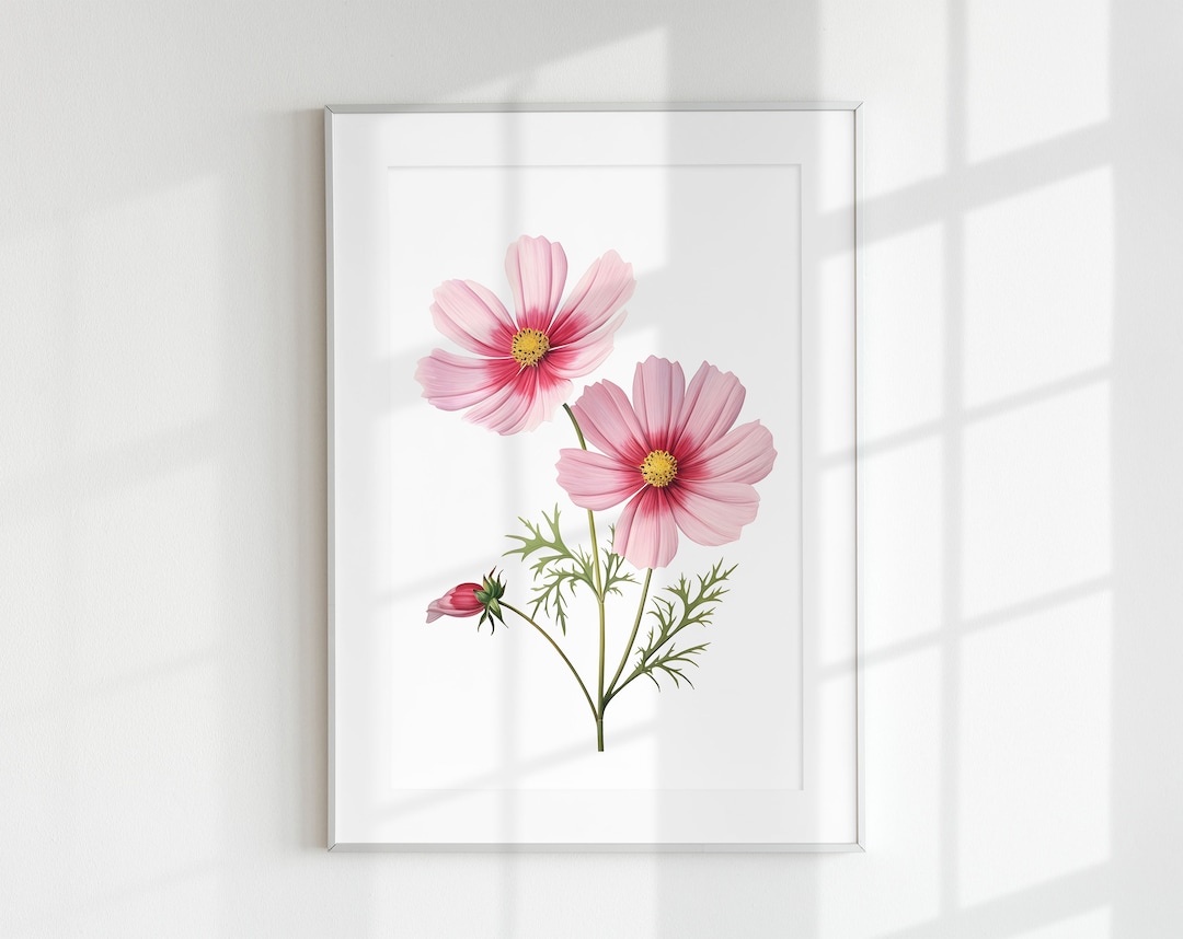 Cosmos Wall Art PRINTABLE Pink Flower Print Plant Leaves Petals Minimal ...