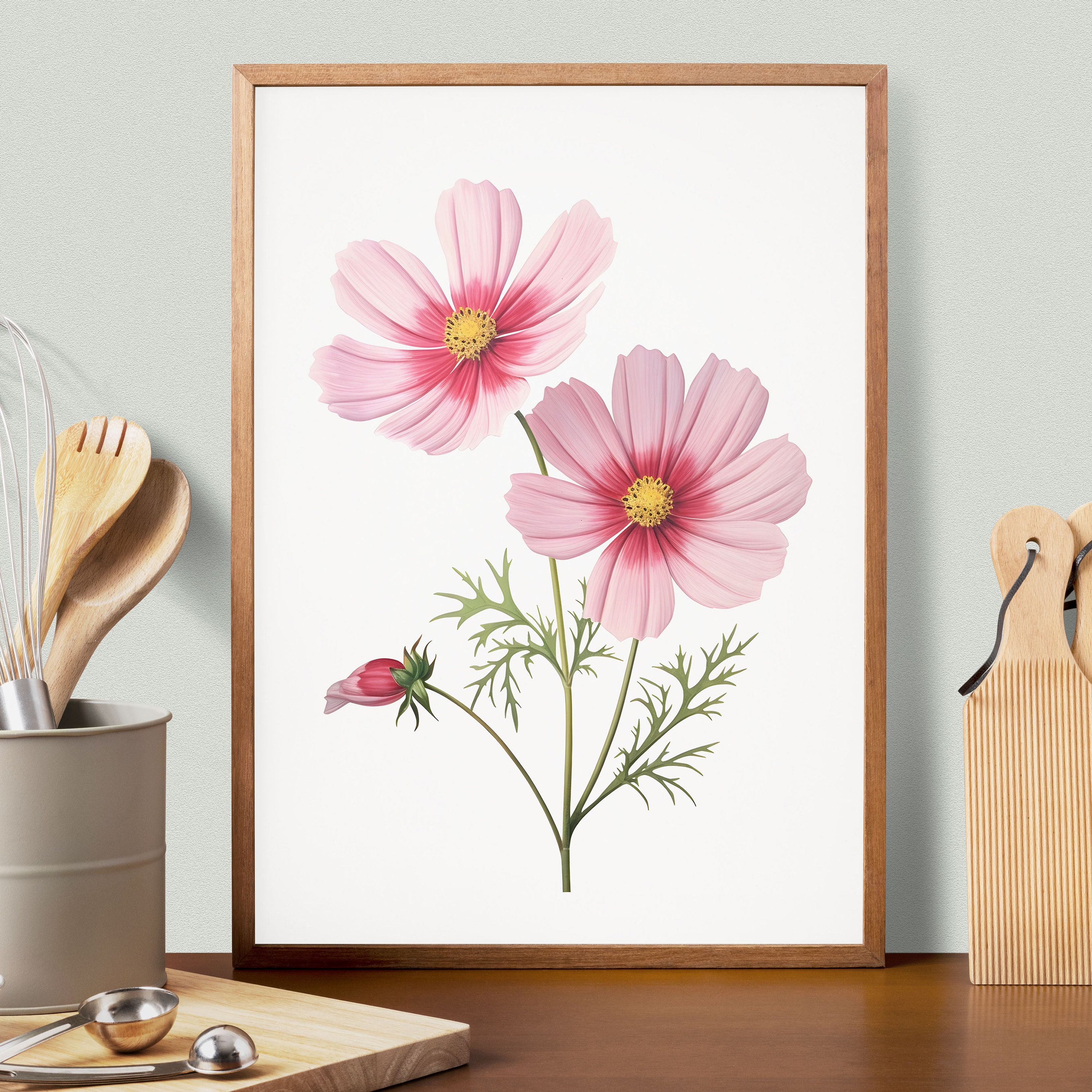 Cosmos Wall Art PRINTABLE Pink Flower Print Plant Leaves Petals Minimal ...