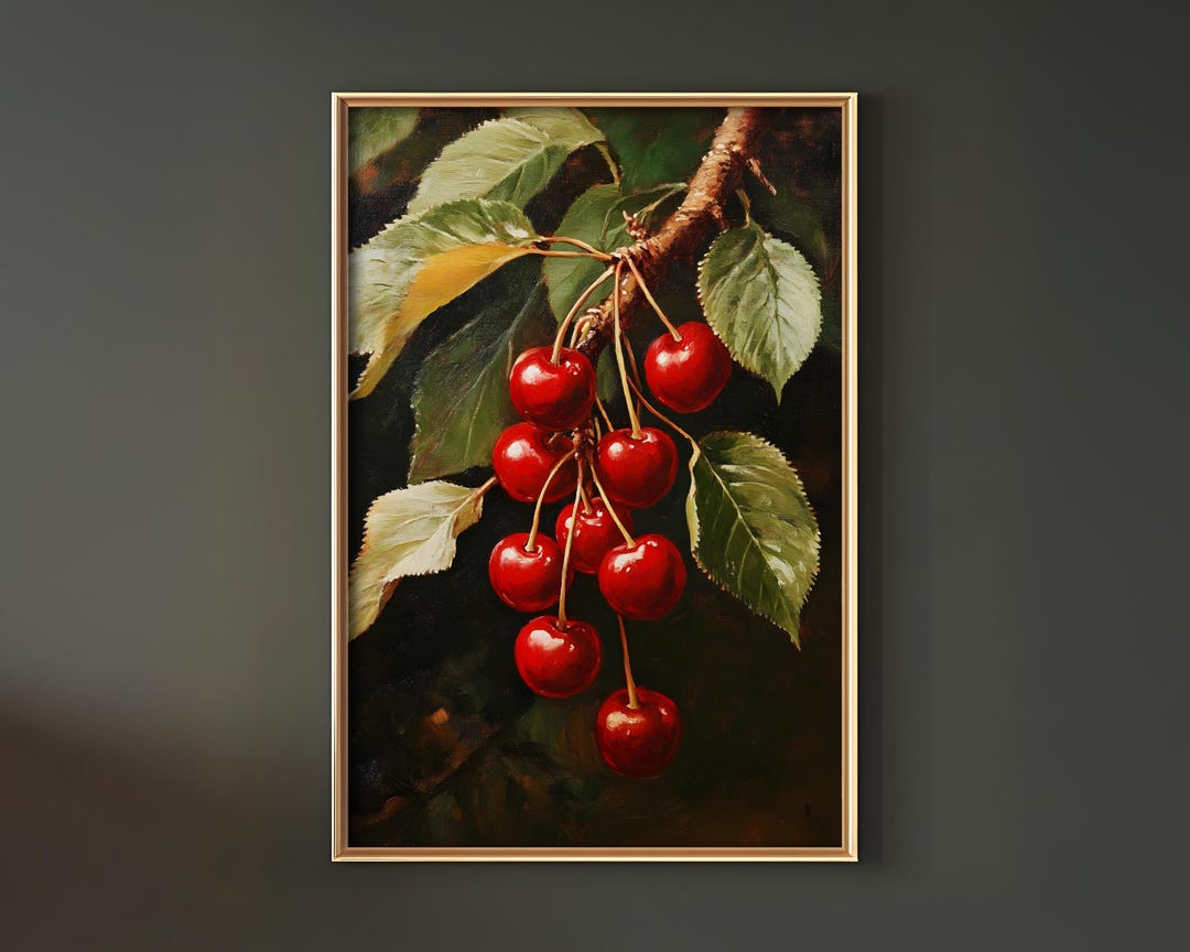 Cherry Oil Painting Print Fruit Floral Digital Print Wall Art Botanical ...