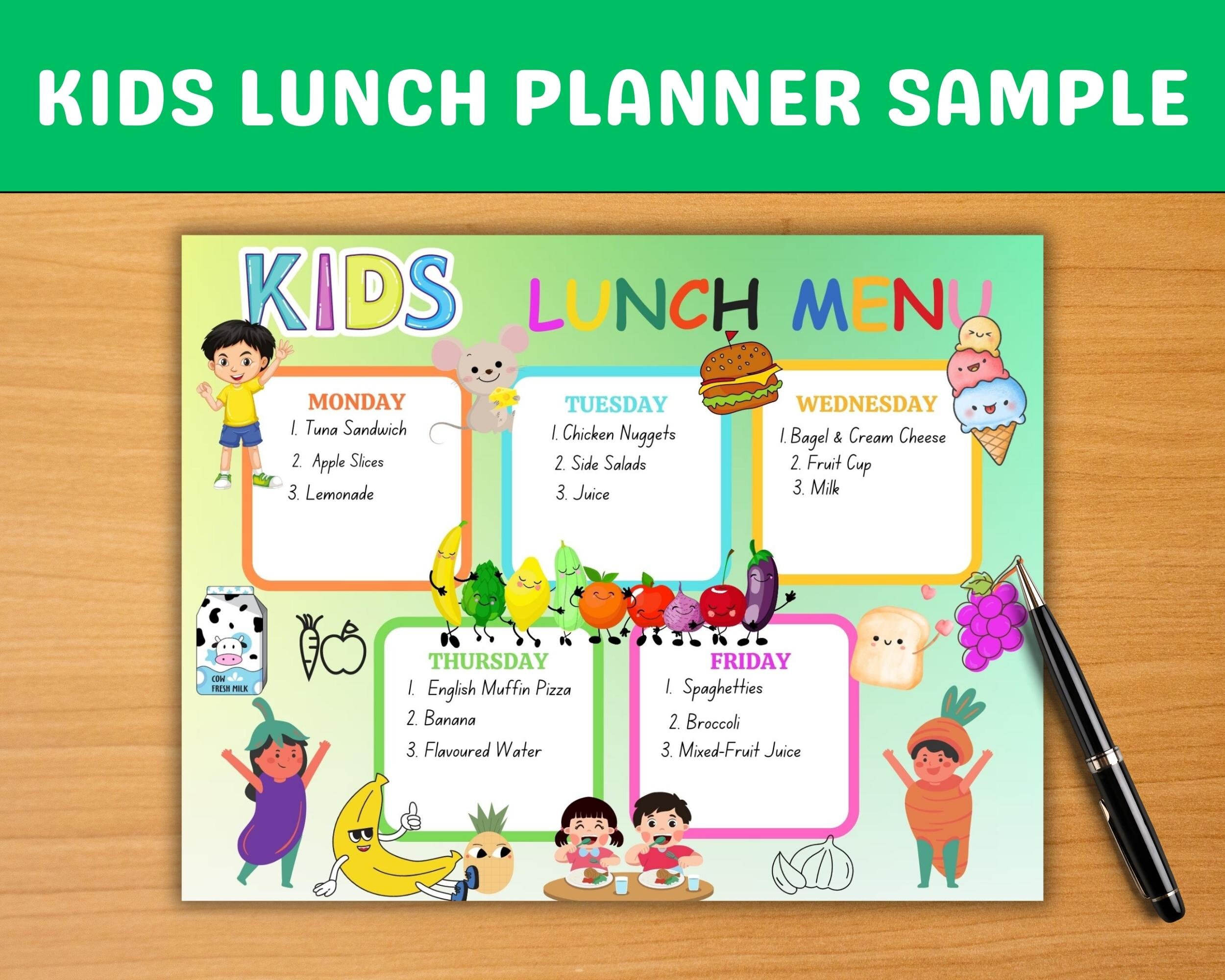 Kids Lunch Planner Meal Weekly Planner Lunch Menu for - Etsy