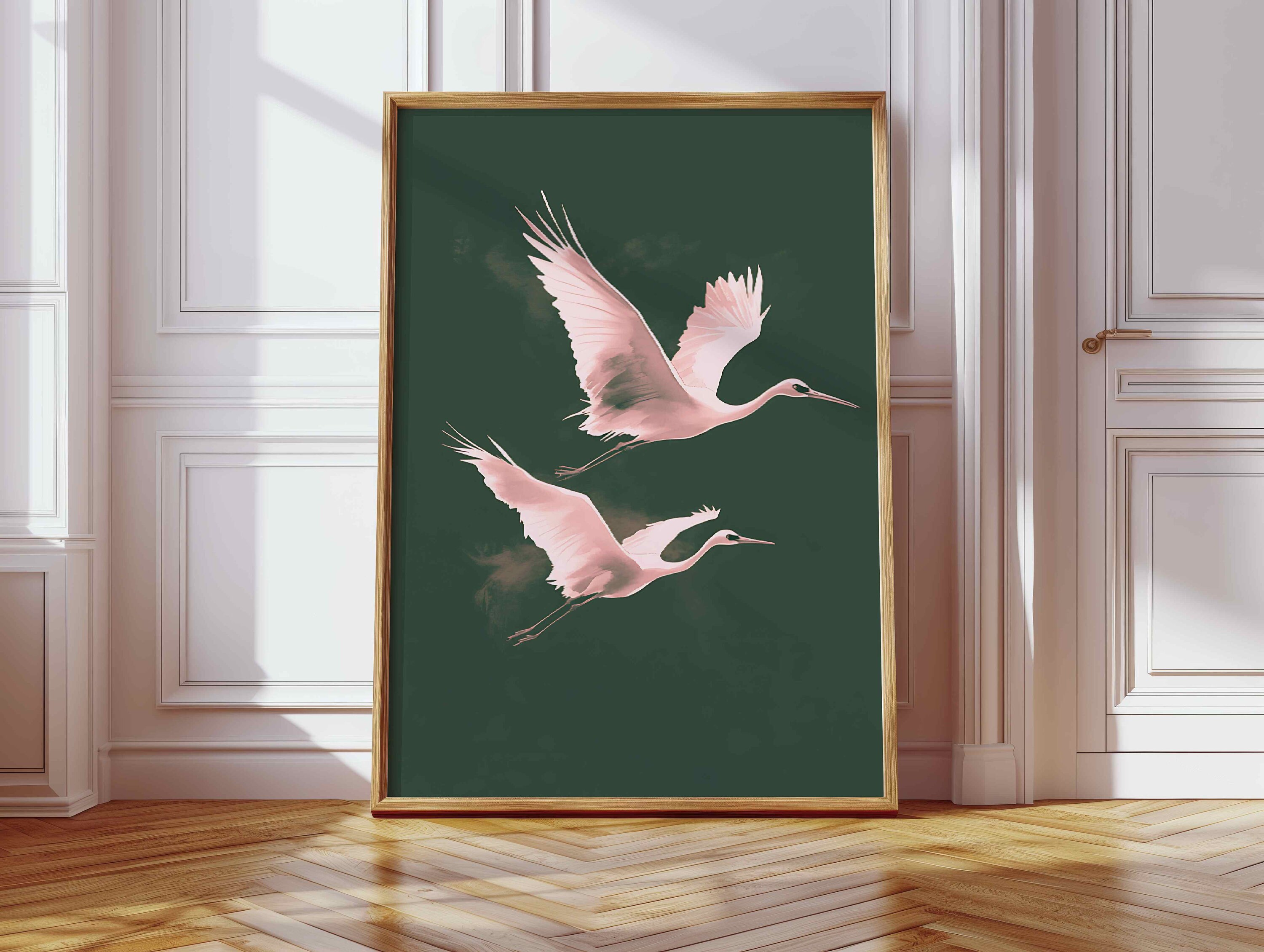 Pink Cranes Wall Art Japanese Kimono Bird Art Japandi Bird Art Home ...