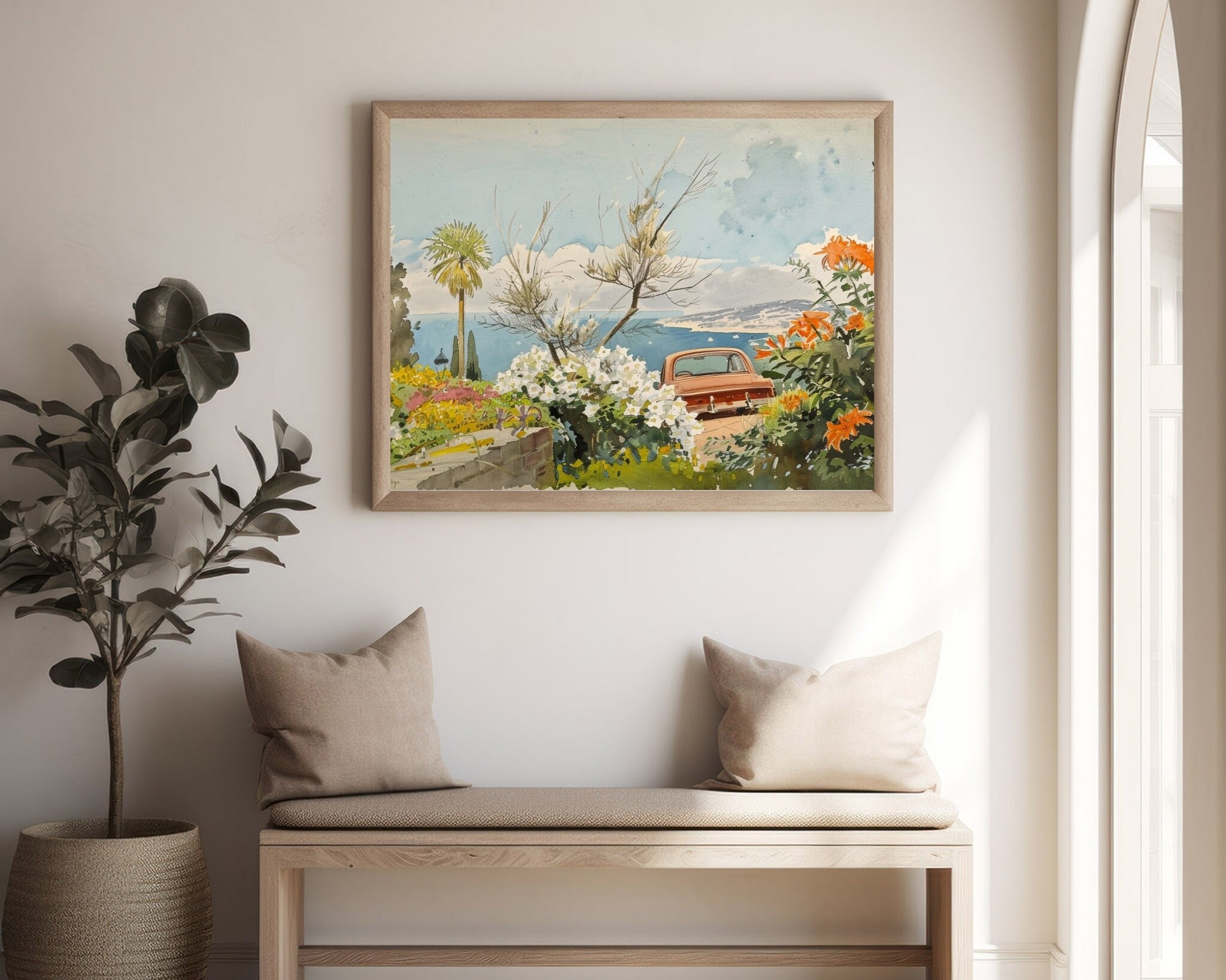 Vintage Car Seaside Landscape Print, Scenic Ocean View Wall Art, Floral ...