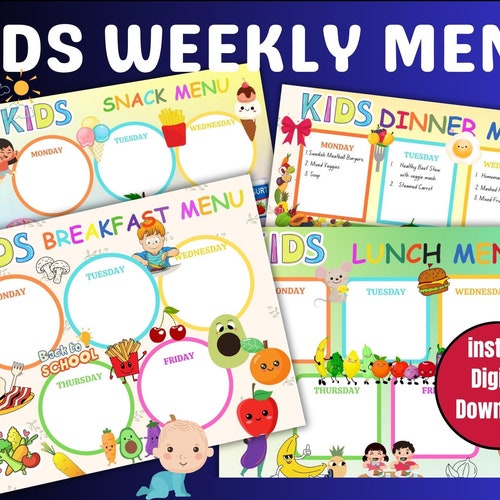 Kids Lunch Weekly Menu Planner Chart Menu Planning Printable - Etsy