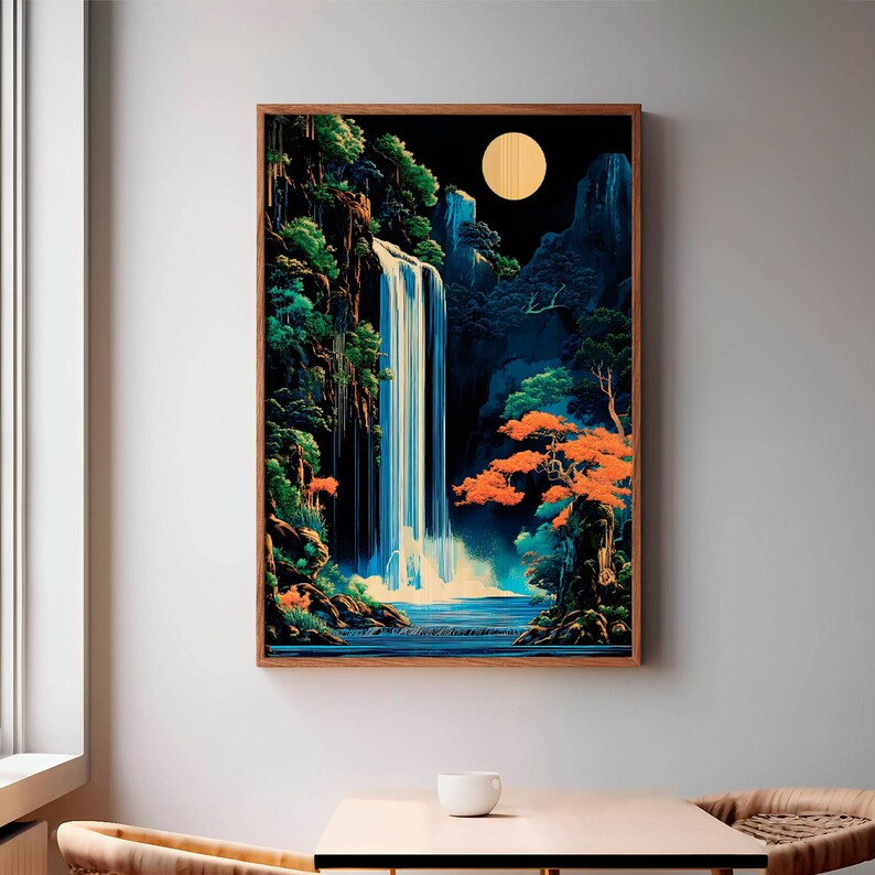 Ukiyo-e Japanese Waterfall Wall Art Poster Blue Green Woodblock Art ...