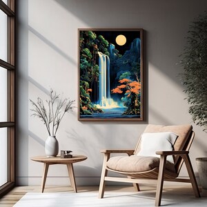 Ukiyo-e Japanese Waterfall Wall Art Poster Blue Green Woodblock Art ...