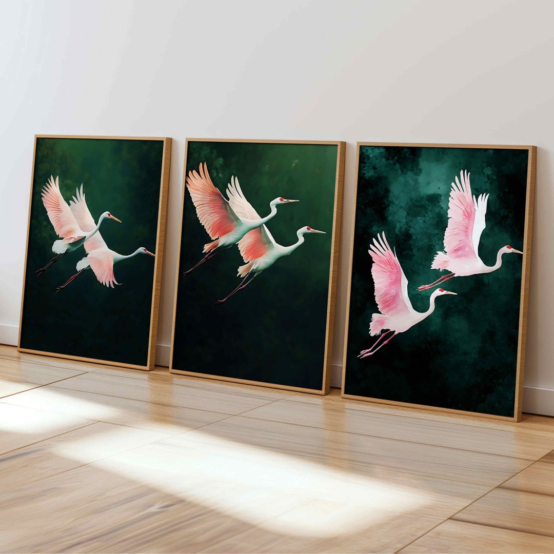 Set of 3 Pink Japanese Flying Cranes Wall Art, Ogata Korin Decor ...