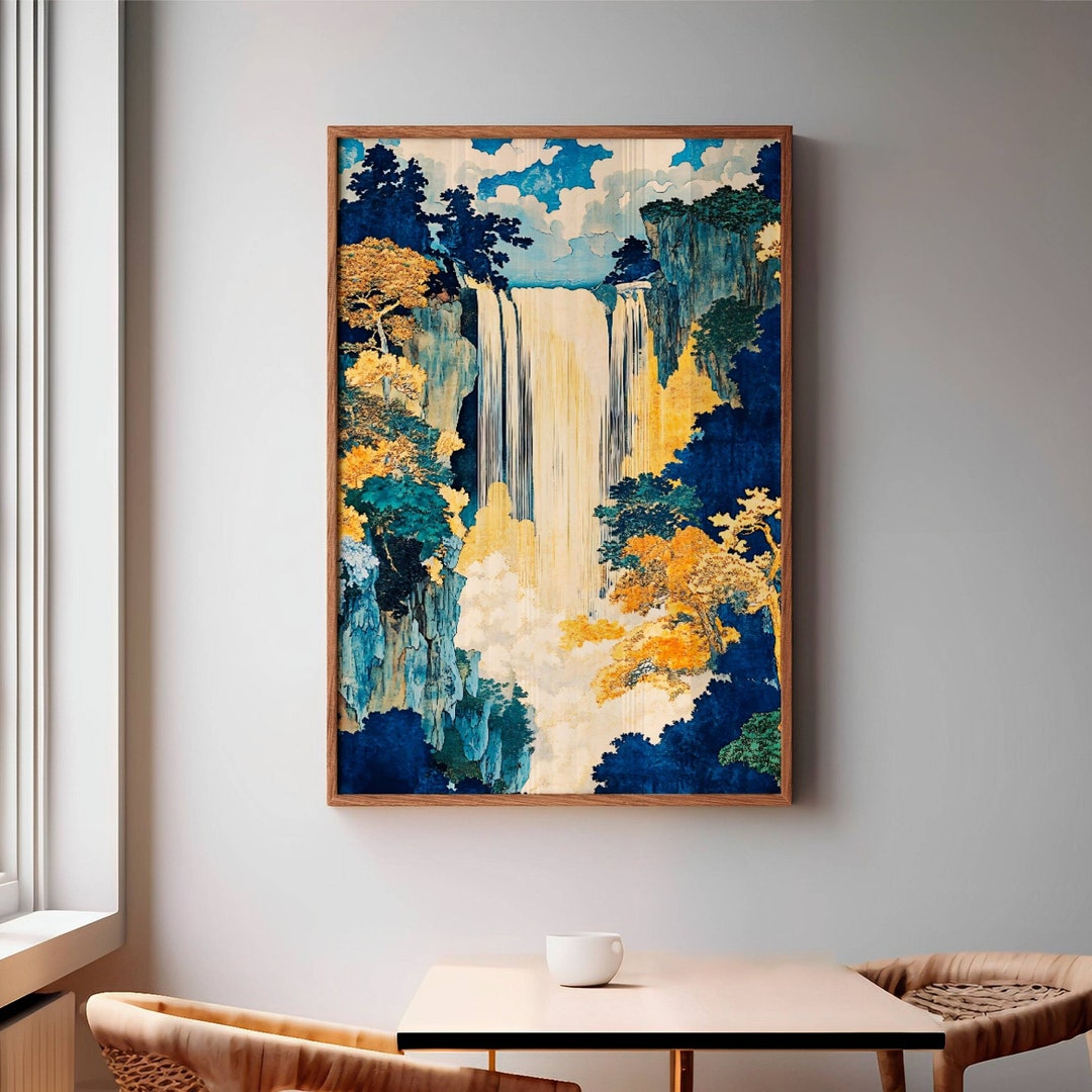Ukiyo-e Japanese Waterfall Wall Art Poster Blue Green Woodblock Art ...