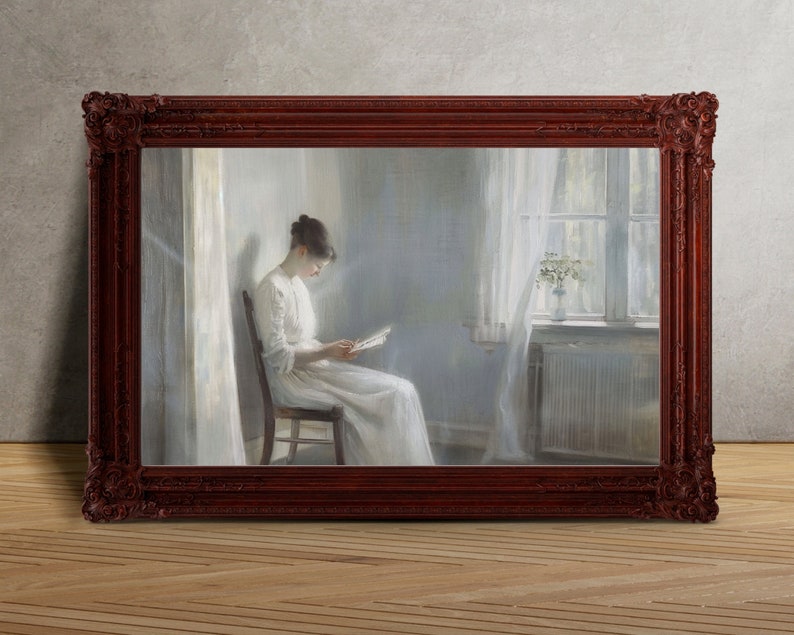 Elegant Woman Reading in Sunlit Room, Serene Romantic Wall Art, Vintage ...