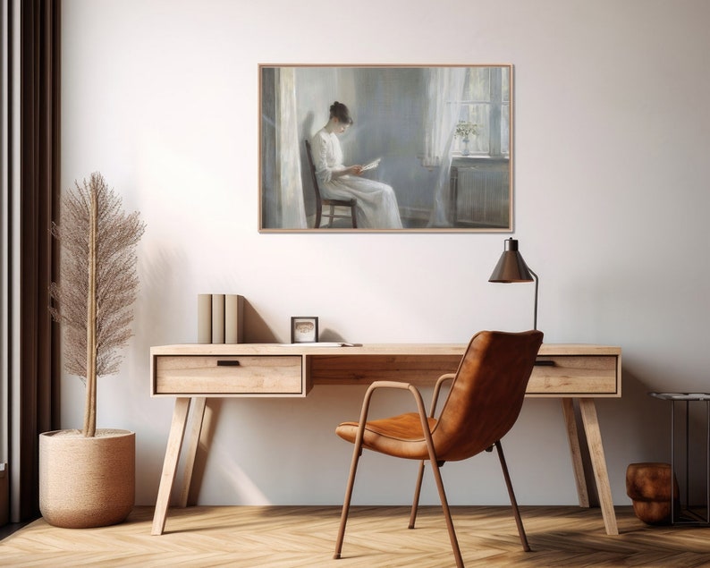 Elegant Woman Reading in Sunlit Room, Serene Romantic Wall Art, Vintage ...