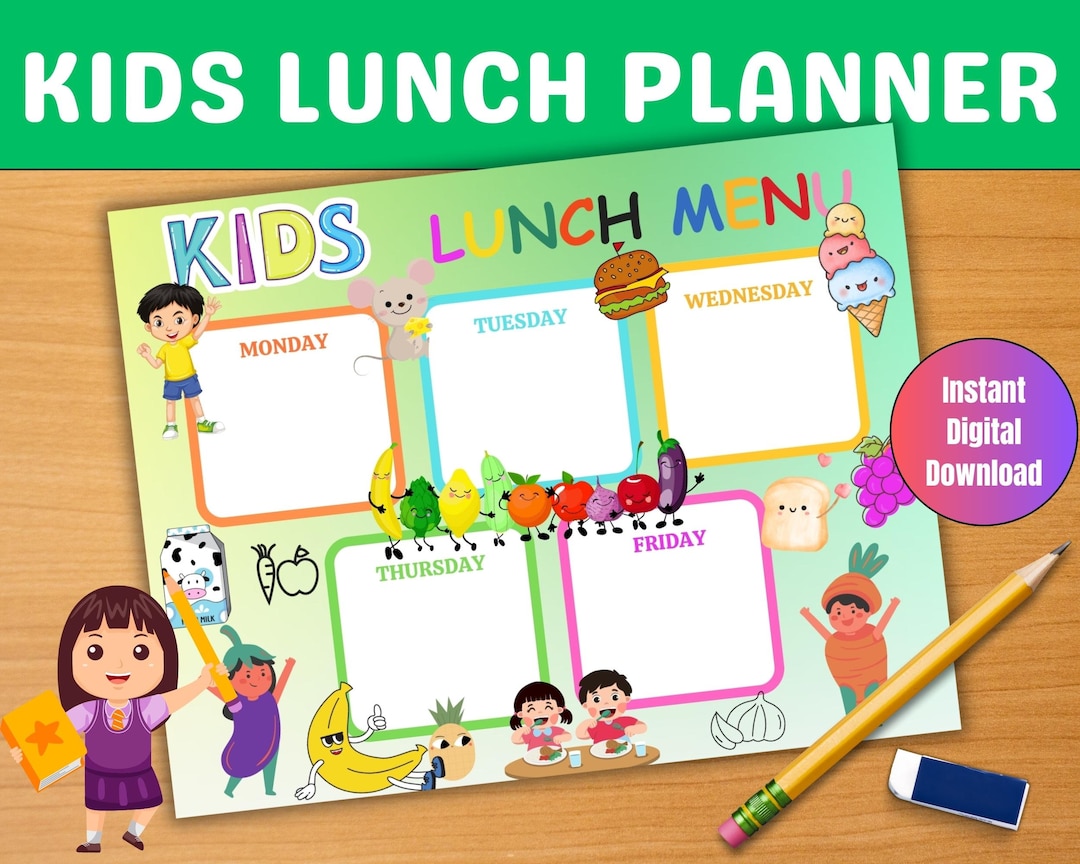 Kids Lunch Planner Meal Weekly Planner Lunch Menu for - Etsy
