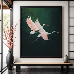 Set of 3 Pink Japanese Flying Cranes Wall Art, Ogata Korin Decor ...