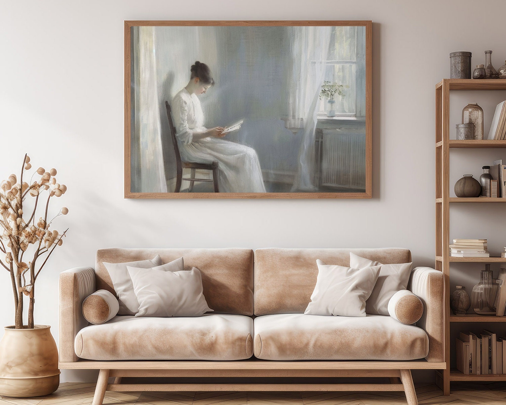 Elegant Woman Reading in Sunlit Room, Serene Romantic Wall Art, Vintage ...