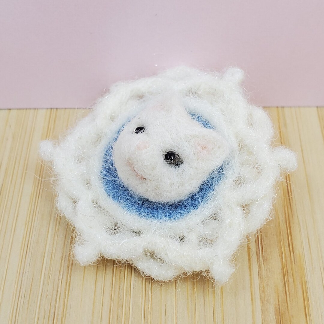 Needle Felted Tiny White Cat Head Pin on Round Blue Patch With Filigree ...