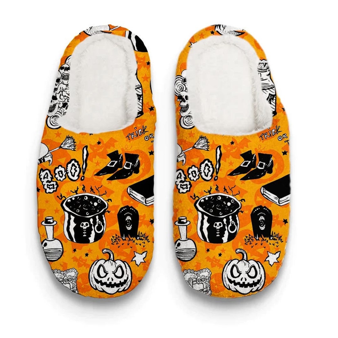 Halloween Witch Black Cat Skull Moon Slippers Spooky Slipper - Etsy