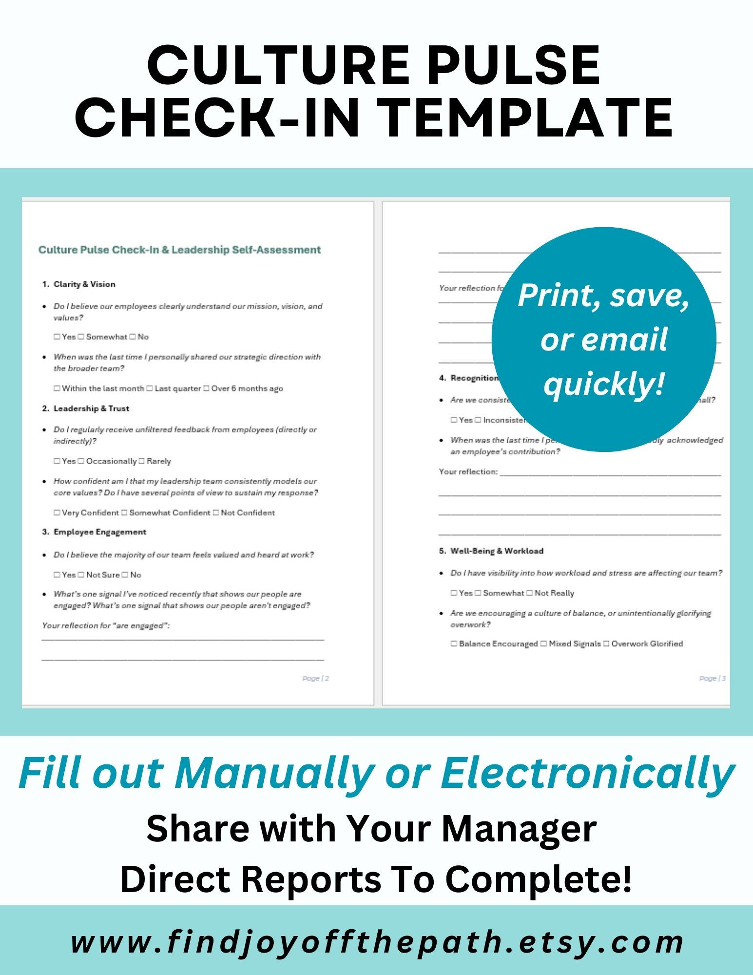 Culture Pulse Check-in Template | Leadership Self-assessment | Manager ...