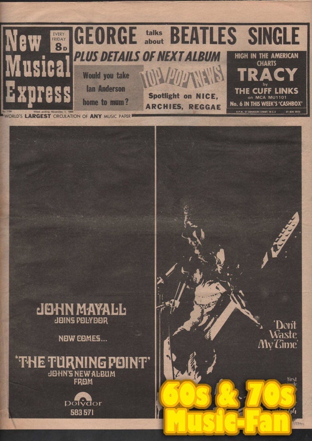 JOHN MYALL Poster 1969 Original NME Poster Dont Waste My - Etsy