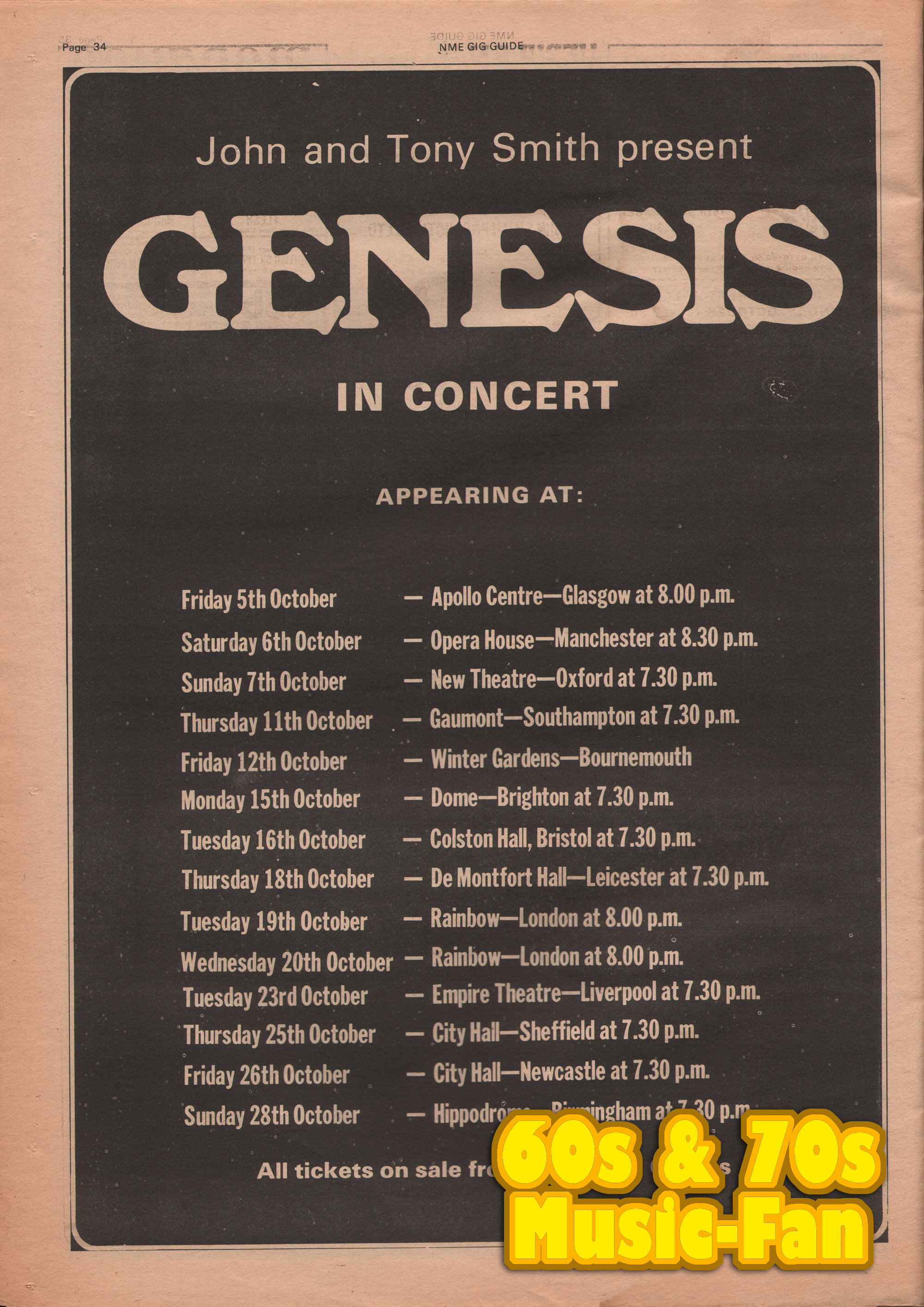 GENESIS 1973 Poster Original NME Genesis in Concert / Tony Banks, Mike ...