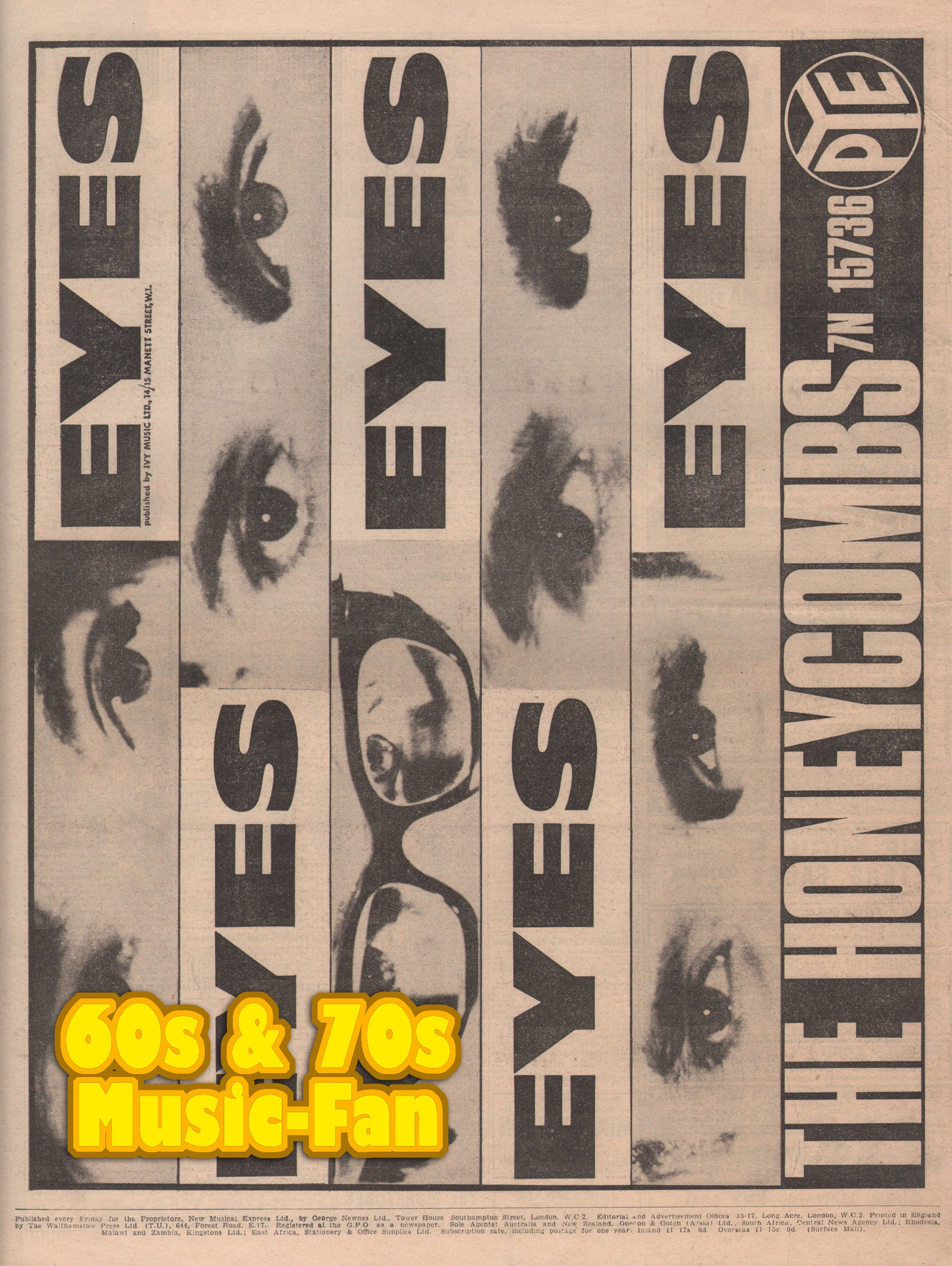 HONEYCOMBS 1966 Poster Original NME Eyes Martin Murray, John Lantree ...