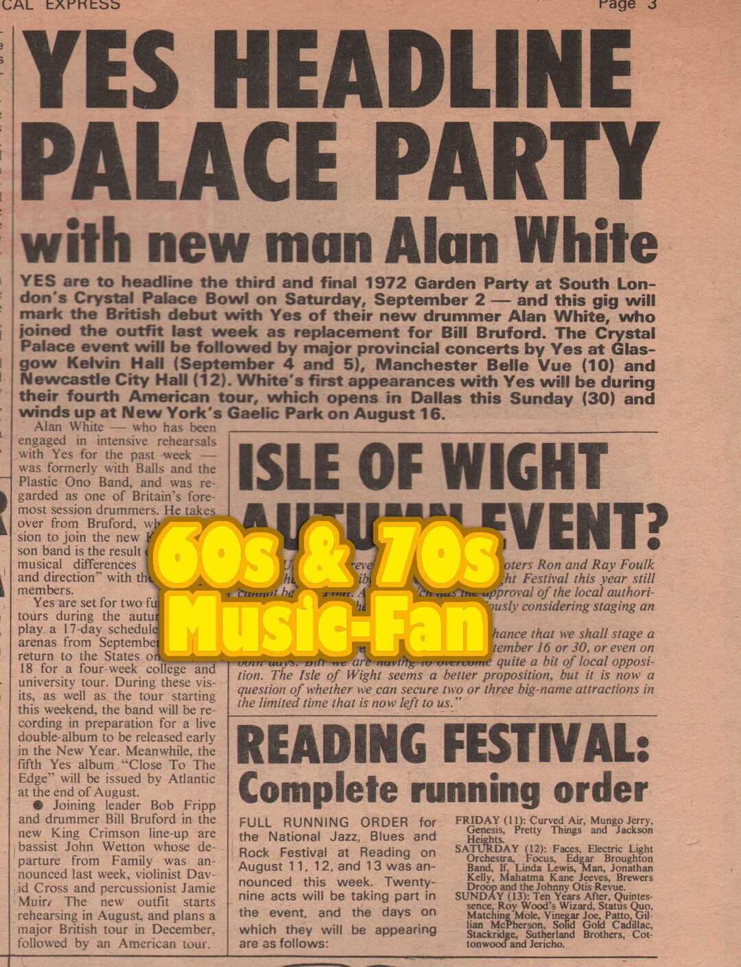 YES 1972 NME Clipping Christal Palace Bowl Alan White - Etsy