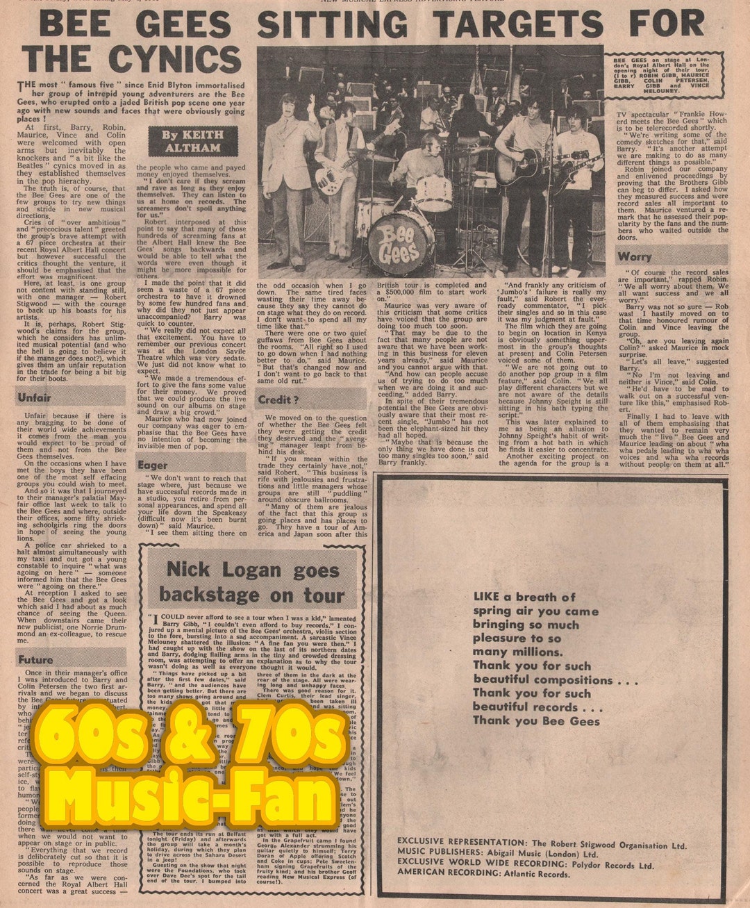 BEE GEES - Huuuge 1968 NME Clipping - Salute the Golden Year of The ...
